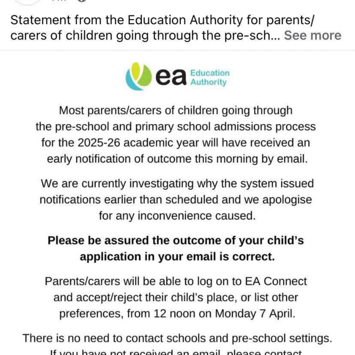 Moneyrea Primary School and Nursery - Statement from the EA